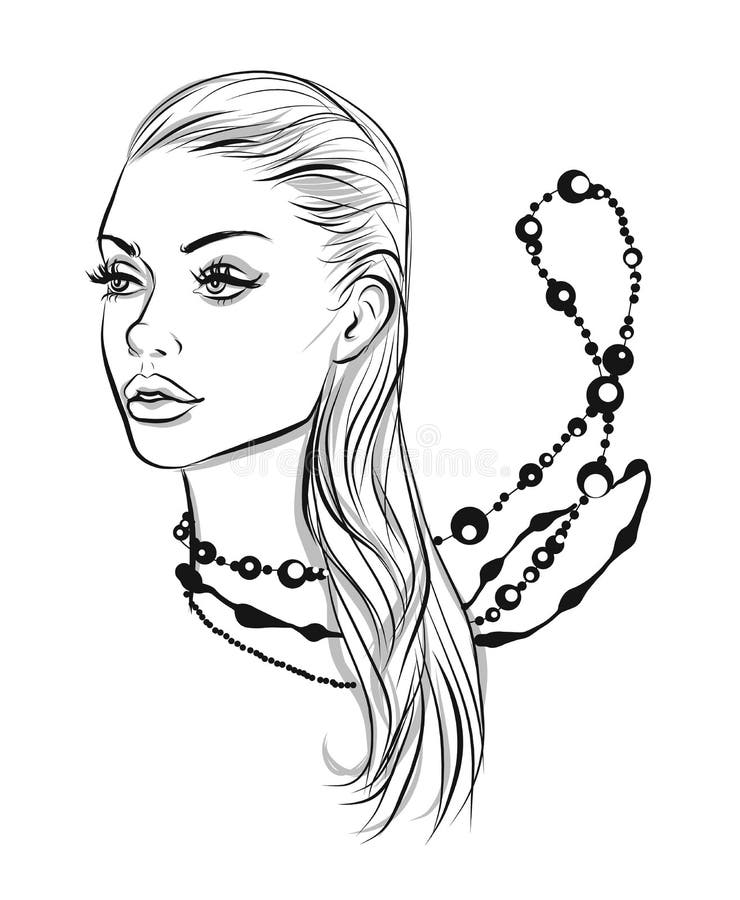 Beautiful Line Art Woman with Accessories Illustration Stock Vector ...