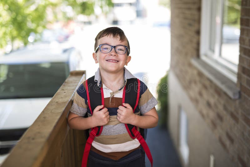 Beautiful Little Boy with Backpack Ready Back To School Stock Photo ...