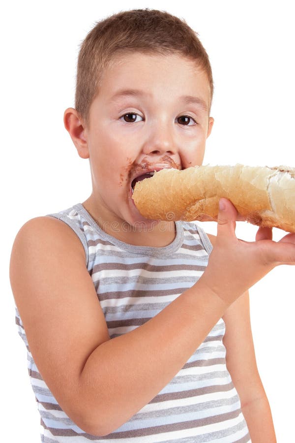Beautiful Little Boy Eats Bread with Chocolate Cr Stock Image - Image ...