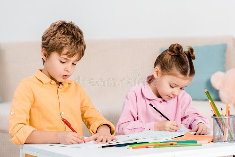 Beautiful Little Children Writing and Stock Photo - Image of study ...