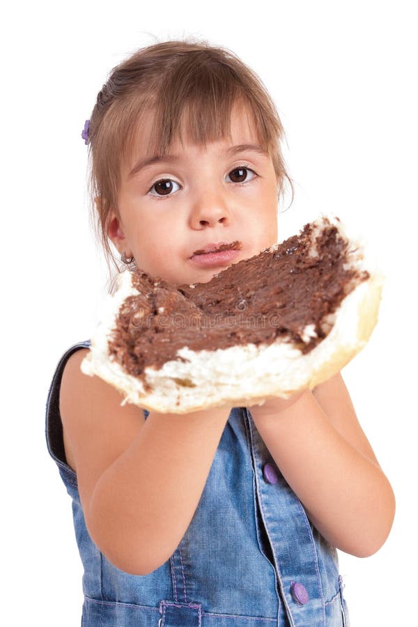 Beautiful Little Girl Eats Bread with Chocolate Cr Stock Photo - Image ...