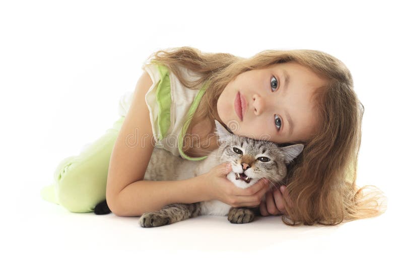 Beautiful Little Girl Hugging Cat. Stock Image - Image of home ...