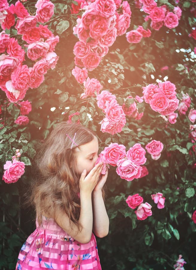 Beautiful Little Girl with Roses Outdoors. Stock Image - Image of ...
