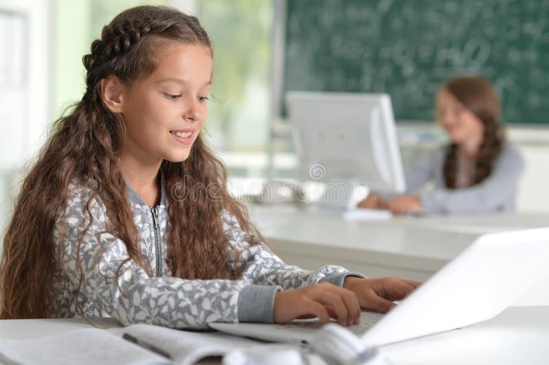 Beautiful Little Girls at Class Stock Photo - Image of computer, pretty ...