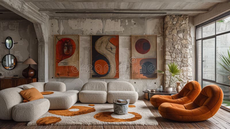 Beautiful Living Room Design, Angular Furniture, Abstract Paintings ...