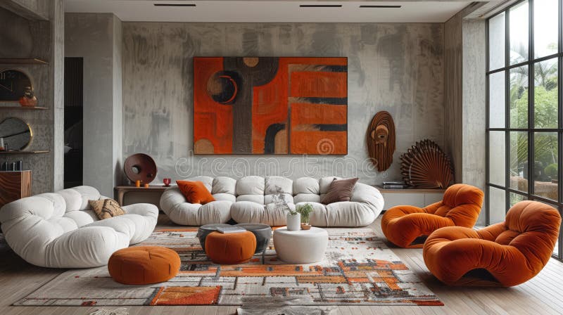 Beautiful Living Room Design, Angular Furniture, Abstract Paintings ...