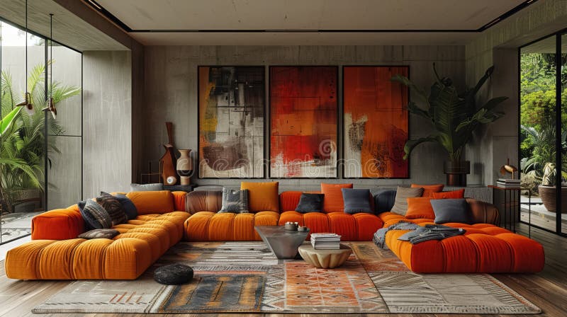 Beautiful Living Room Design, Angular Furniture, Abstract Paintings ...