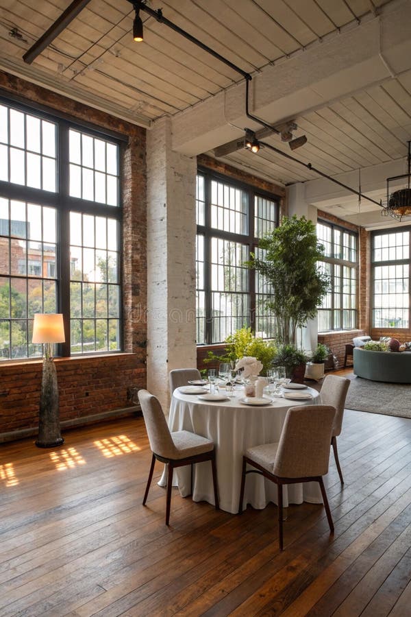 Beautiful Loft with Hardwood Floors and Dining Table Stock Photo ...