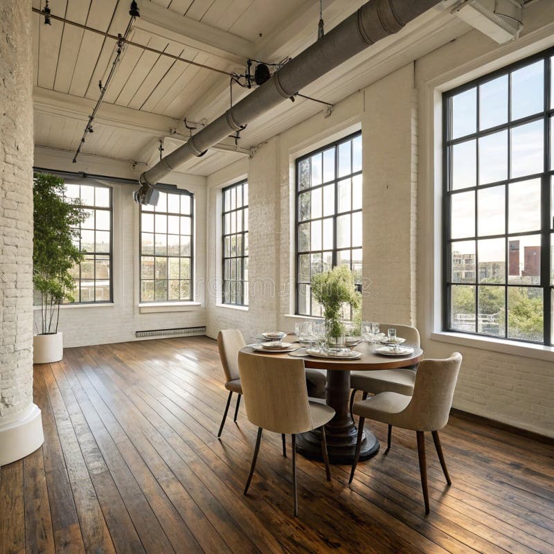 Beautiful Loft with Hardwood Floors and Dining Table Stock Image ...