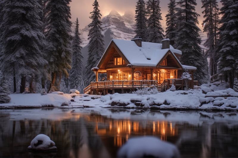 Beautiful Log Cabin in a Winter Wonderland. Generative AI Stock ...