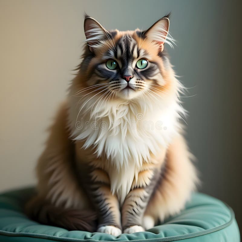 Beautiful Long Haired Cat of Siberian Breed Sitting on a Green Sofa ...