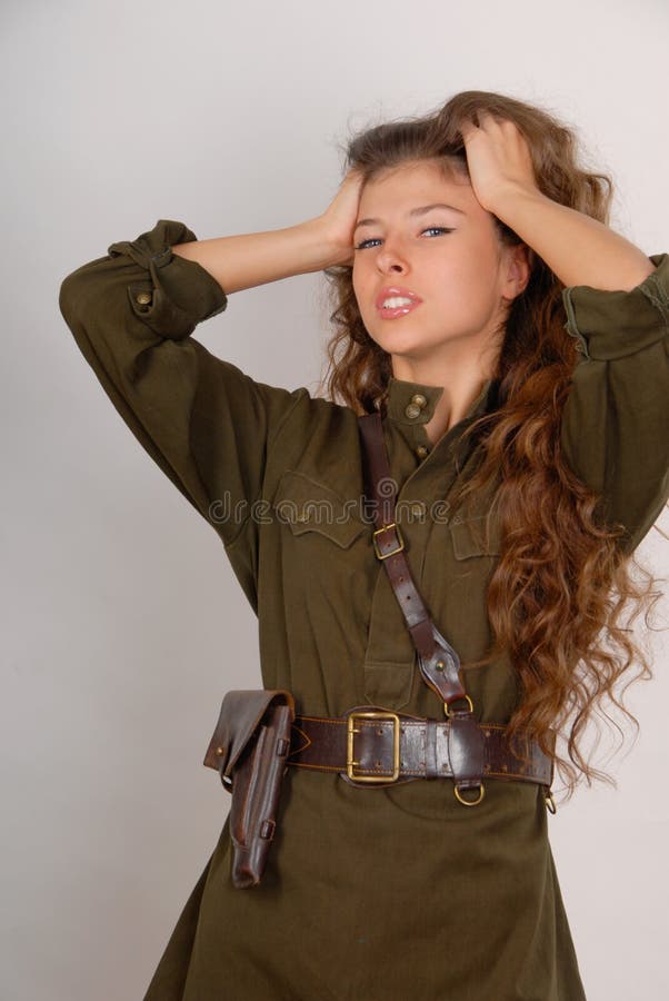 Beautiful Long-haired Girl in Military Style Stock Image - Image of ...