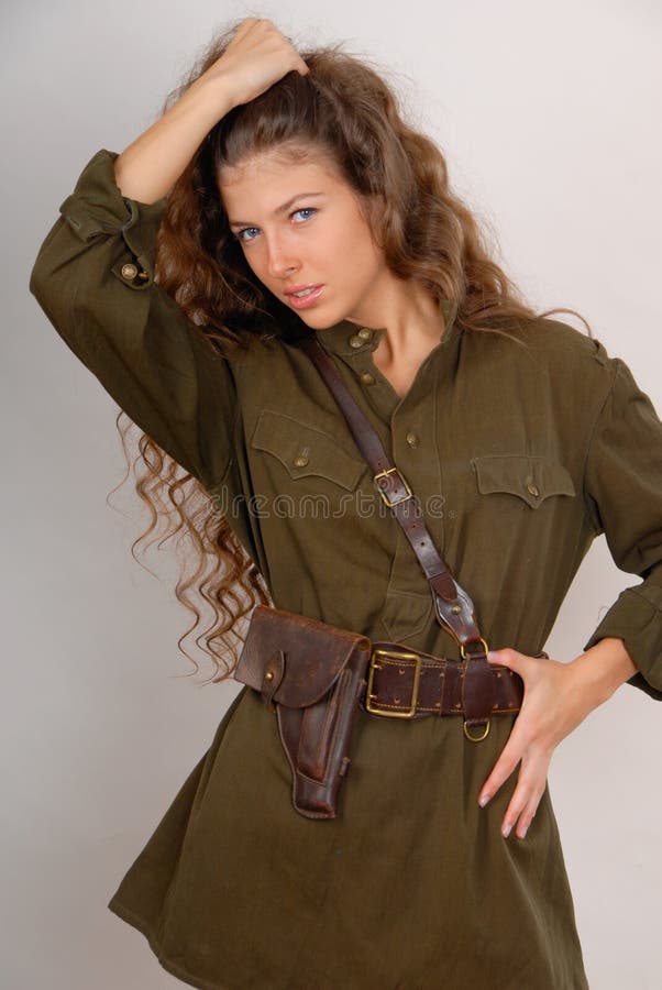 Beautiful Long-haired Girl in Military Style Stock Image - Image of ...