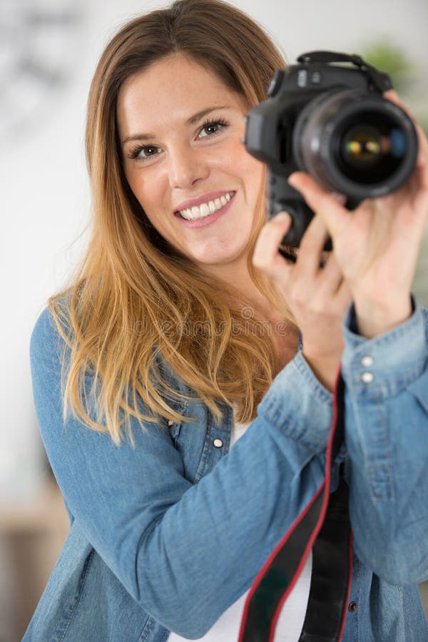 Beautiful Long-haired Photographer Holding Camera Stock Image - Image ...