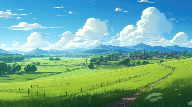 A Beautiful Long Smaller Path in Summer in a Grass Field, Anime Artwork ...