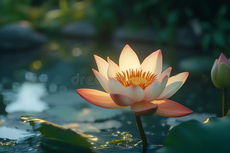 Beautiful Lotus Flower Blooming in Serene Pond Setting Stock ...