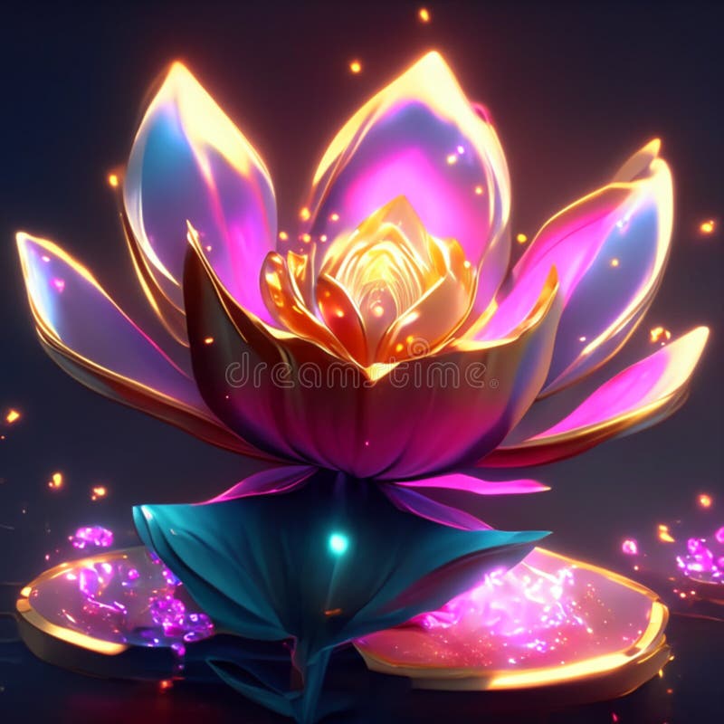 Beautiful Lotus Flower in Neon Light, 3d Rendering. Computer Digital ...