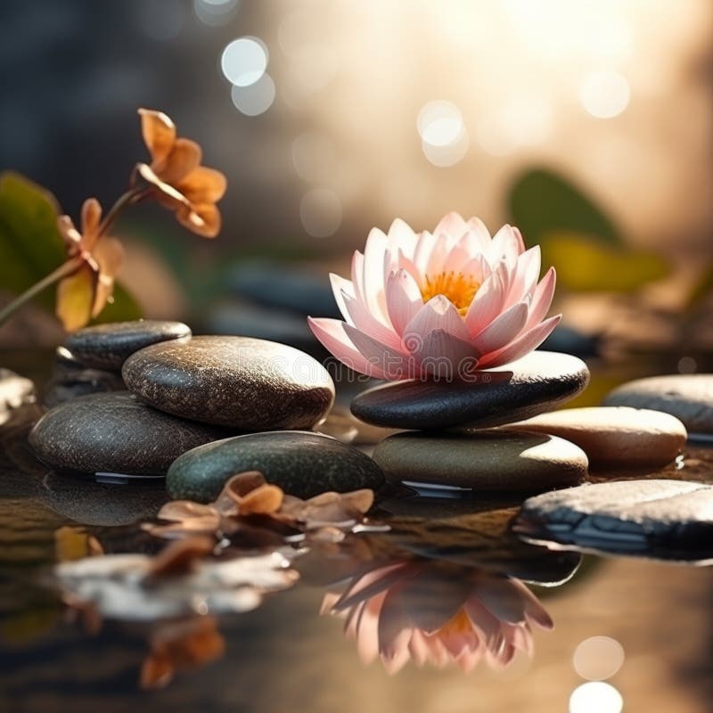 Beautiful Lotus Flower and Stack of Stones on Water Surface Stock ...