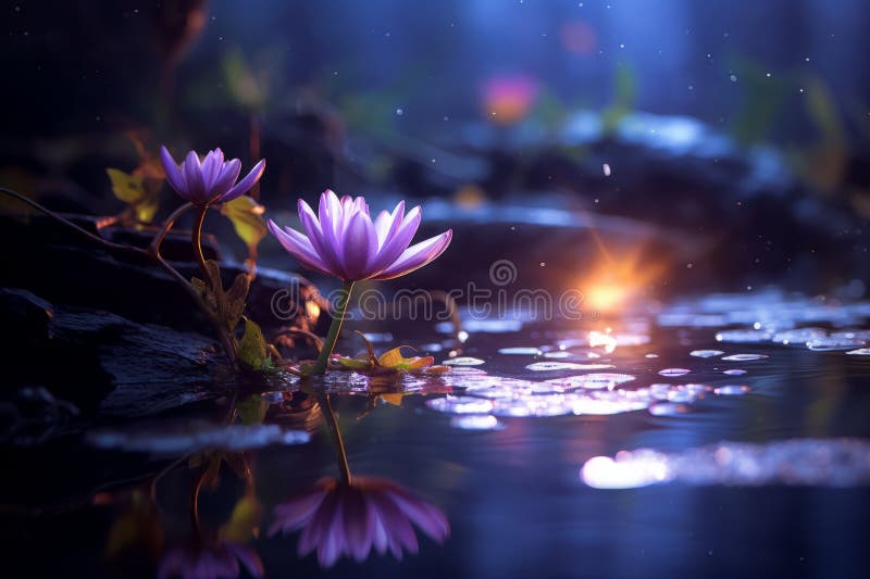 Beautiful Lotus Flowers in the Water at Night Stock Photo - Image of ...