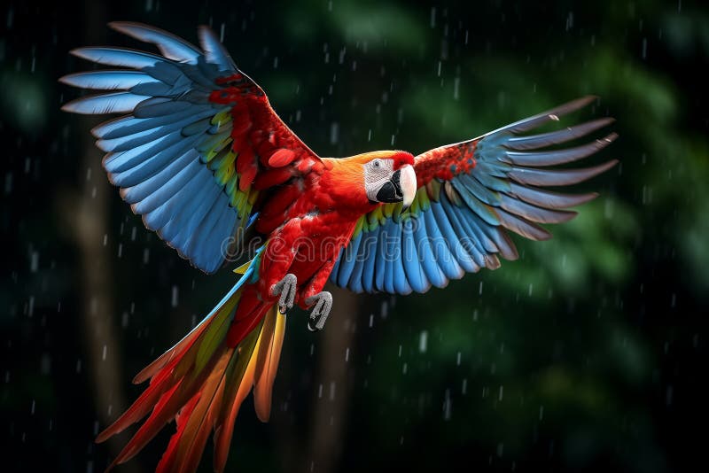 Beautiful Macaw Flying in Tropical Forest. Generative AI Stock ...