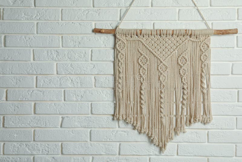 Beautiful Macrame Hanging on White Brick Wall, Space for Text ...