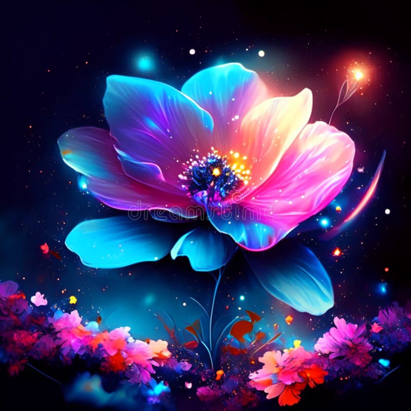 Magic Flower in the Night Sky with Stars and Moon. Vector Illustration ...