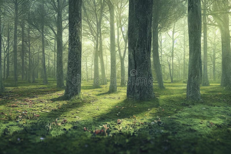 Beautiful Magic Forest in the Sunny Foggy View. Created with Generative ...