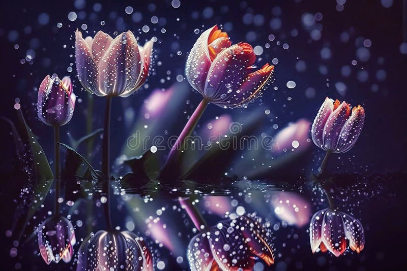 Beautiful Magic Glowings Tulips Flowers with Water Stock Illustration ...