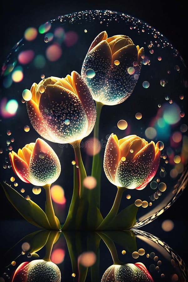 Beautiful Magic Glowings Tulips Flowers with Water Stock Illustration ...