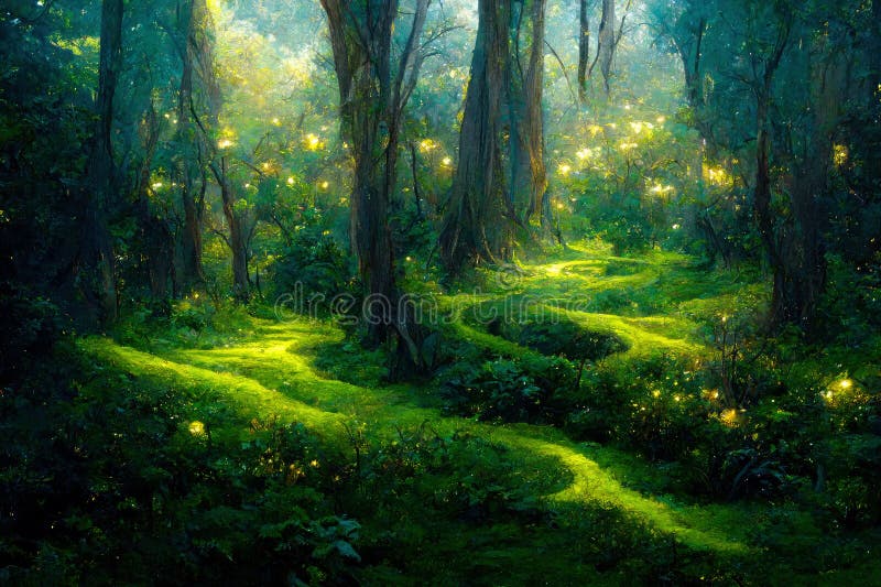 Beautiful Magic Night Forest. Digital Art. Stock Illustration ...