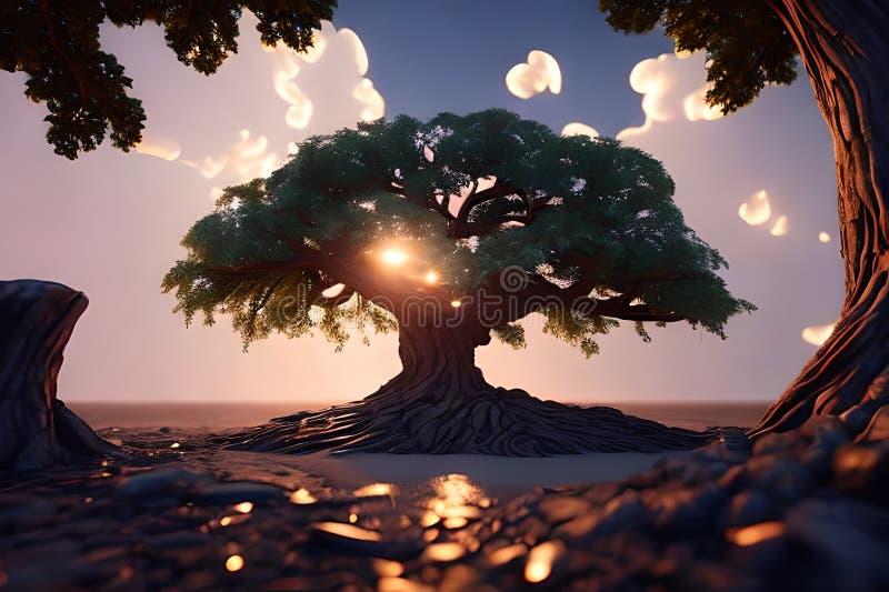 Beautiful Magic Tree with Magical Clouds and Light Stock Illustration ...