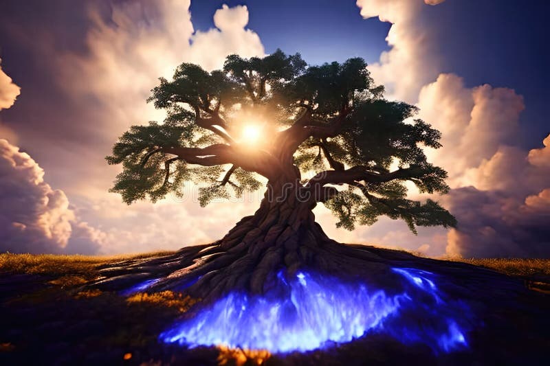 Beautiful Magic Tree with Magical Clouds and Light Stock Illustration ...