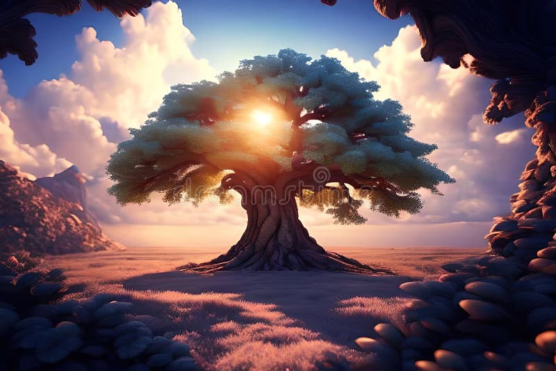 Beautiful Magic Tree with Magical Clouds and Light Stock Illustration ...