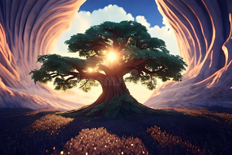 Beautiful Magic Tree with Magical Clouds and Light Stock Illustration ...