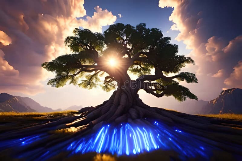 Beautiful Magic Tree with Magical Clouds and Light Stock Illustration ...