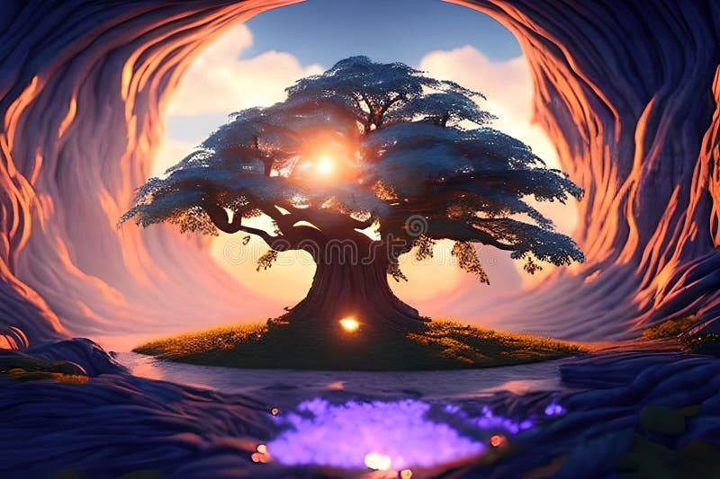 Beautiful Magic Tree with Magical Clouds and Light Stock Illustration ...