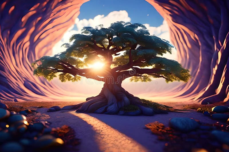 Beautiful Magic Tree with Magical Clouds and Light Stock Illustration ...