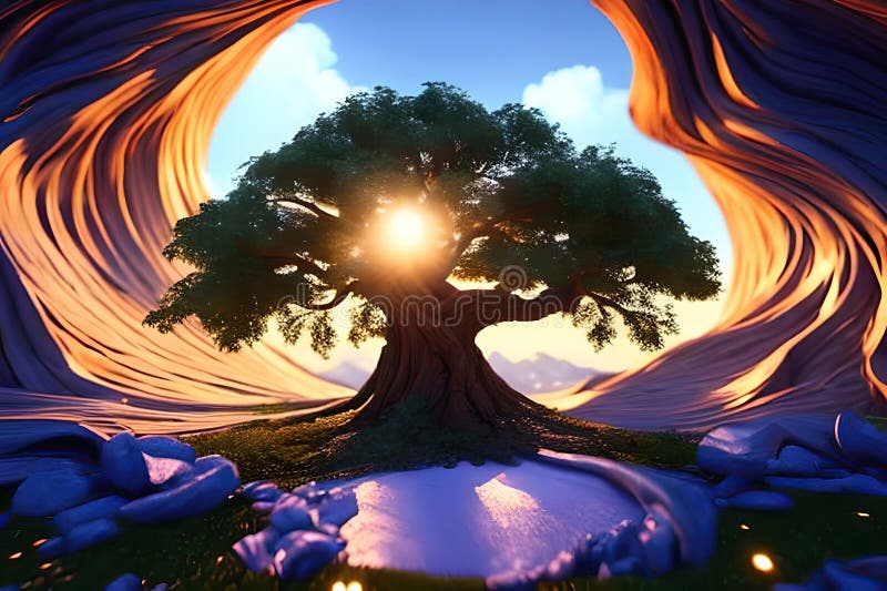 Beautiful Magic Tree with Magical Clouds and Light Stock Illustration ...