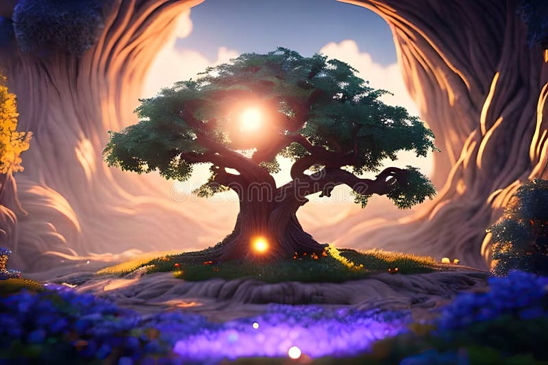 Beautiful Magic Tree with Magical Clouds and Light Stock Illustration ...