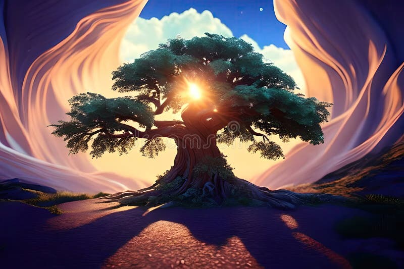 Beautiful Magic Tree with Magical Clouds and Light Stock Illustration ...