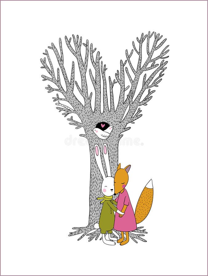Beautiful Magic Tree, Two Birds in a Hollow, Hare and Fox. Stock Vector ...