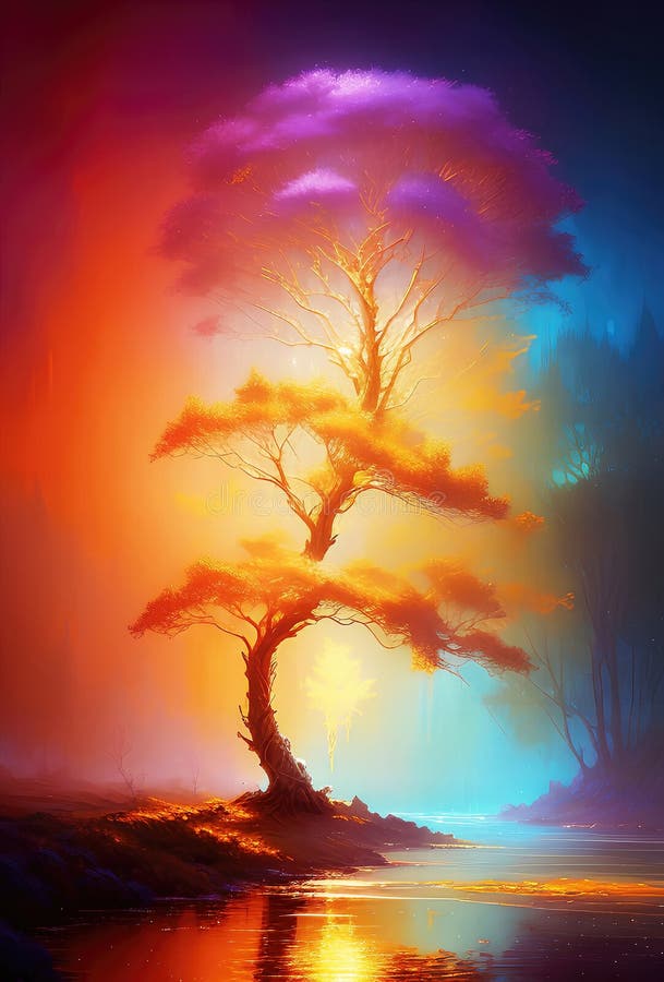 Beautiful Magic Tree, Oil Painting Fantasy Background Stock ...