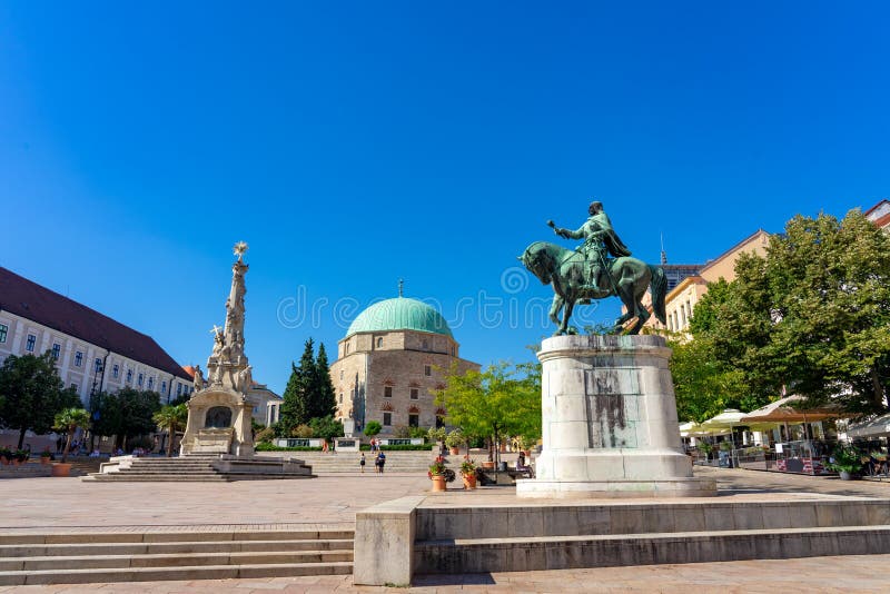 The Beautiful Main Square of Pecs Hungary with Dzsami Mosque and ...