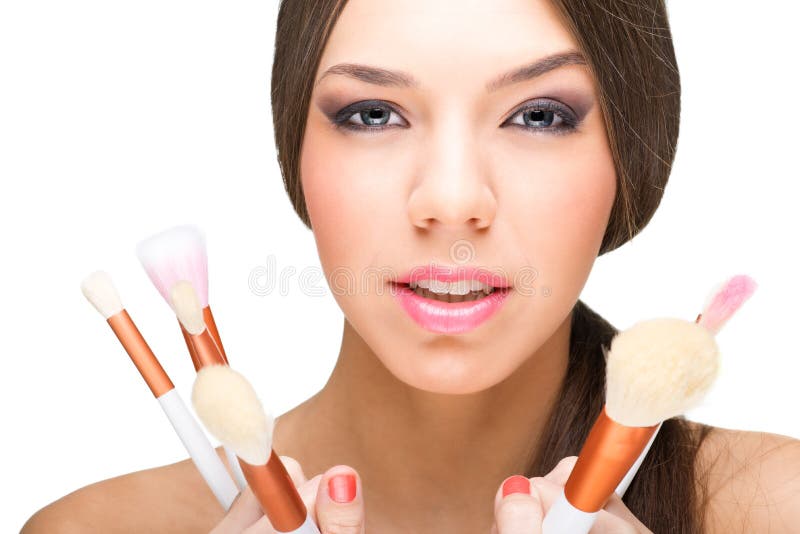 Beautiful Makeup Model with Makeup Brushes Stock Image - Image of ...
