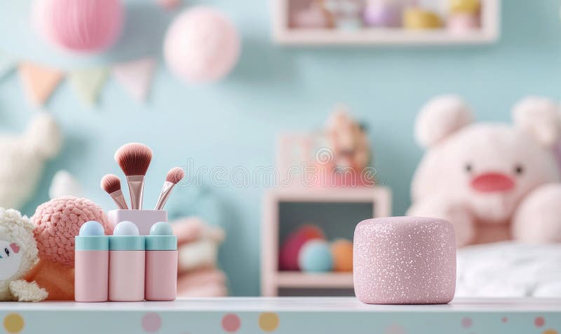 A Beautiful Makeup Setup in a Soft Pastel Style with Brushes and ...