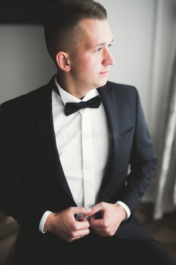 Beautiful Man, Groom Posing and Preparing for Wedding Stock Photo ...