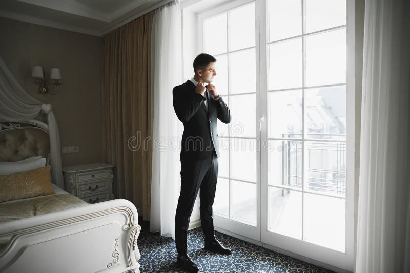 Beautiful Man, Groom Posing and Preparing for Wedding Stock Image ...