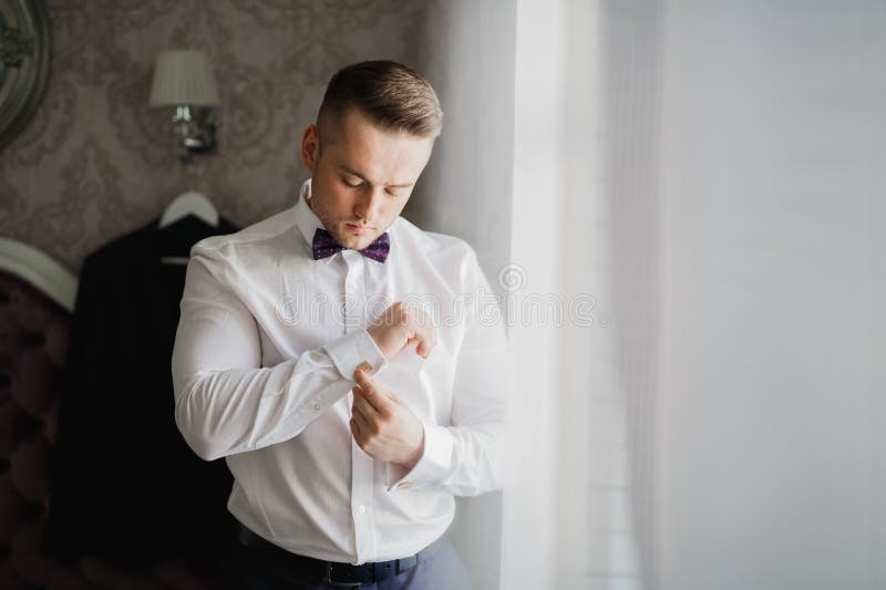 Beautiful Man, Groom Posing and Preparing for Wedding Stock Photo ...