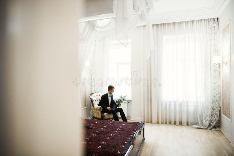 Beautiful Man, Groom Posing and Preparing for Wedding Stock Photo ...