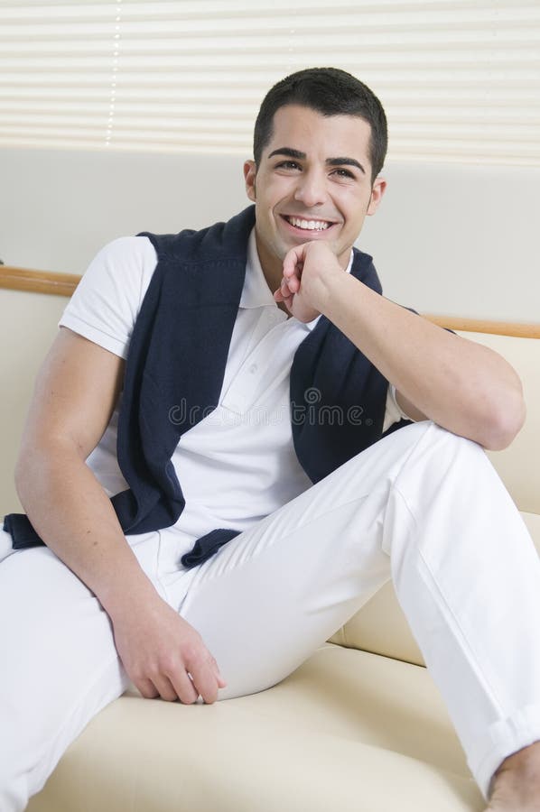 Beautiful Man Wearing White Clothes Laughing Stock Image - Image of ...